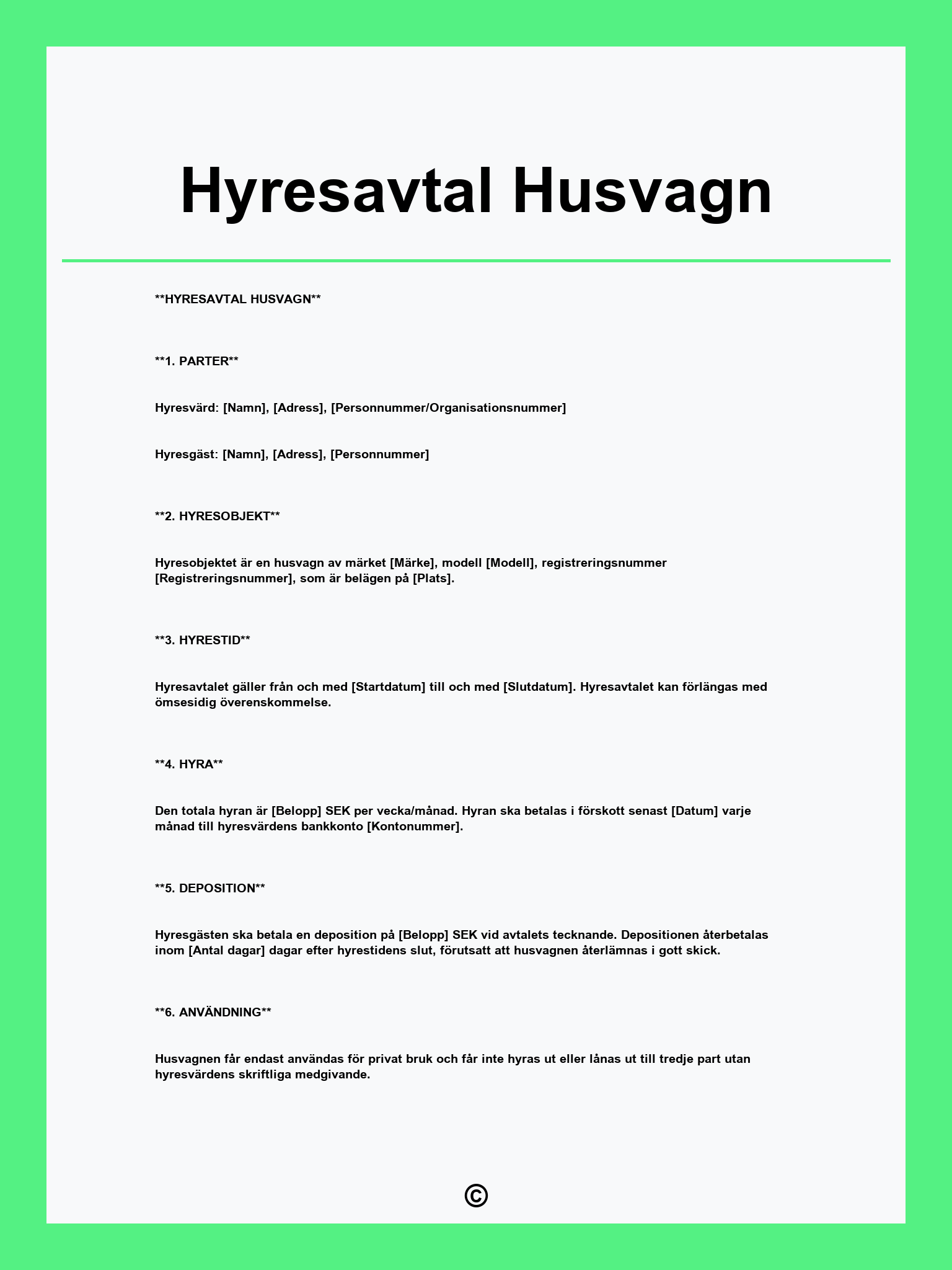 Hyresavtal Husvagn